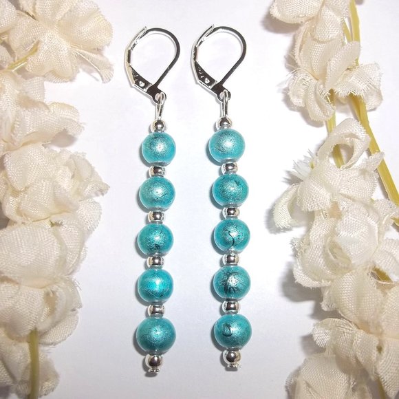wvluckygirl | Jewelry | Long Turquoise Blue Pearl Earring Set Dangle ...